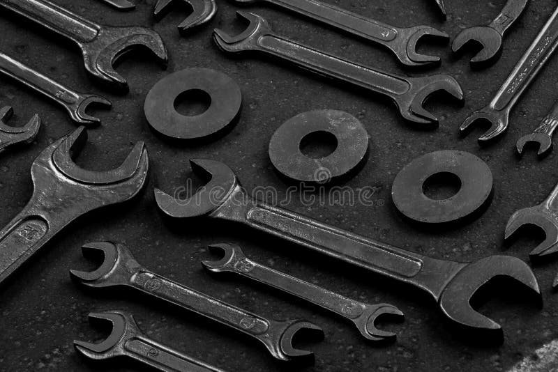 Set of Black & White Repair Tools on Black Background Stock Photo ...
