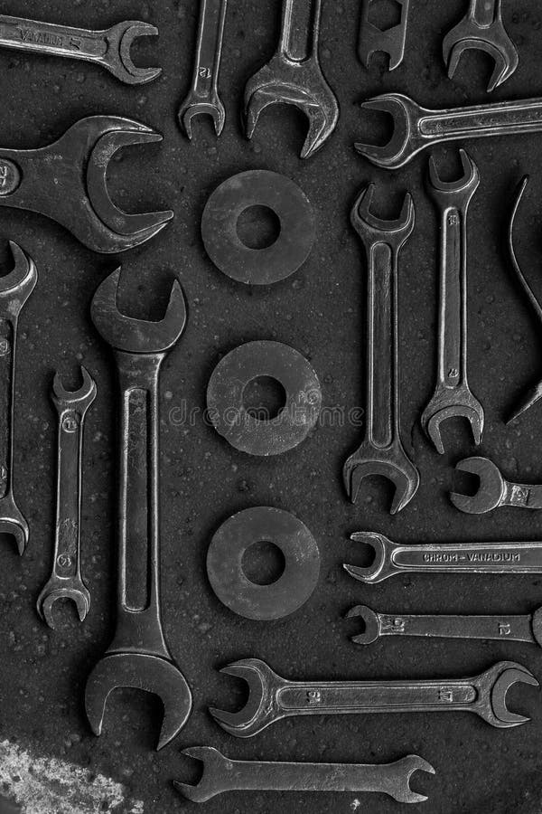 Set of Black & White Repair Tools on Black Background Stock Image ...