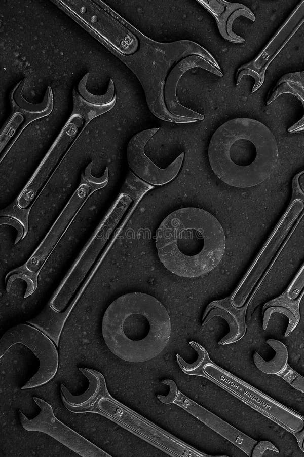 Set of Black & White Repair Tools on Black Background Stock Image ...