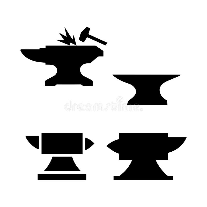 Set of Blacksmith Anvil Silhouettes with Hammer Icon, Vector Blacksmith ...