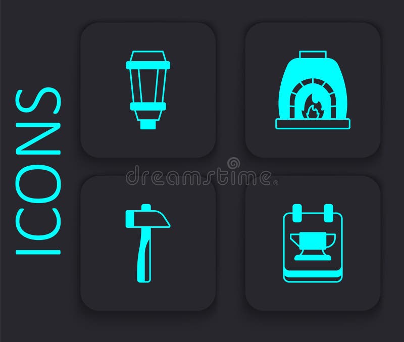 Set Blacksmith Anvil Tool, Garden Light Lamp, Oven and Hammer Icon ...