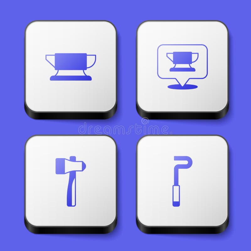 Set Blacksmith Anvil Tool, Hammer and Fire Poker Icon. White Square ...