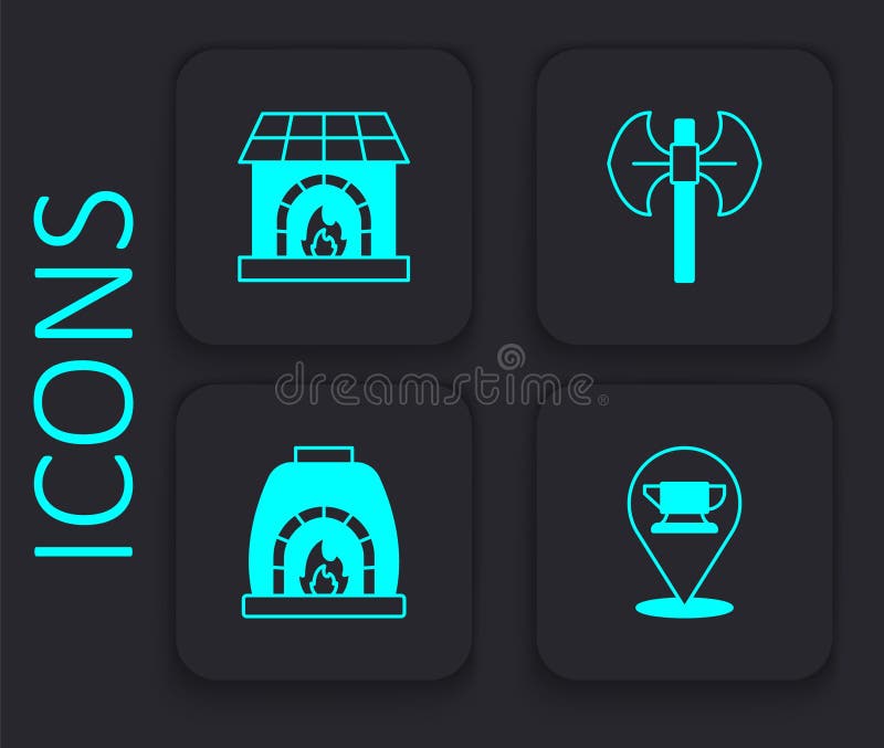 Set Blacksmith Anvil Tool, Oven, Medieval Poleaxe and Icon. Black ...