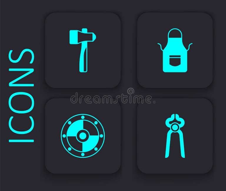 Set Blacksmith Pliers Tool, Hammer, Apron and Round Shield Icon. Black ...