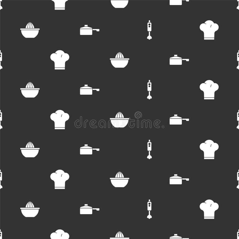 Set Blender, Chef Hat, Citrus Fruit Juicer and Frying Pan on Seamless ...