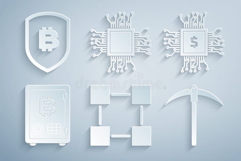 Set Blockchain Technology, Processor Chip with Dollar, Proof of Stake, Pickaxe, and Shield ...