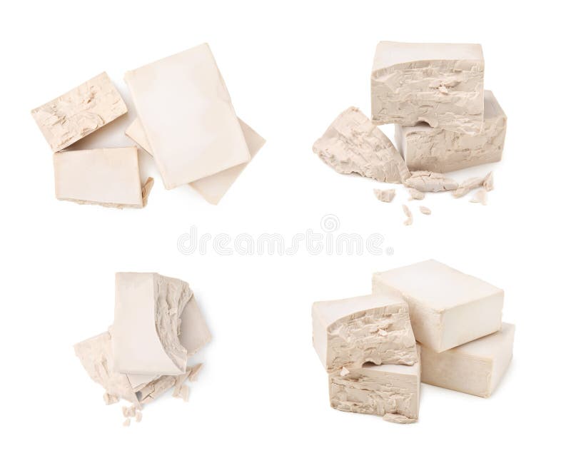 Set with Blocks of Compressed Yeast on White Background Stock Image ...