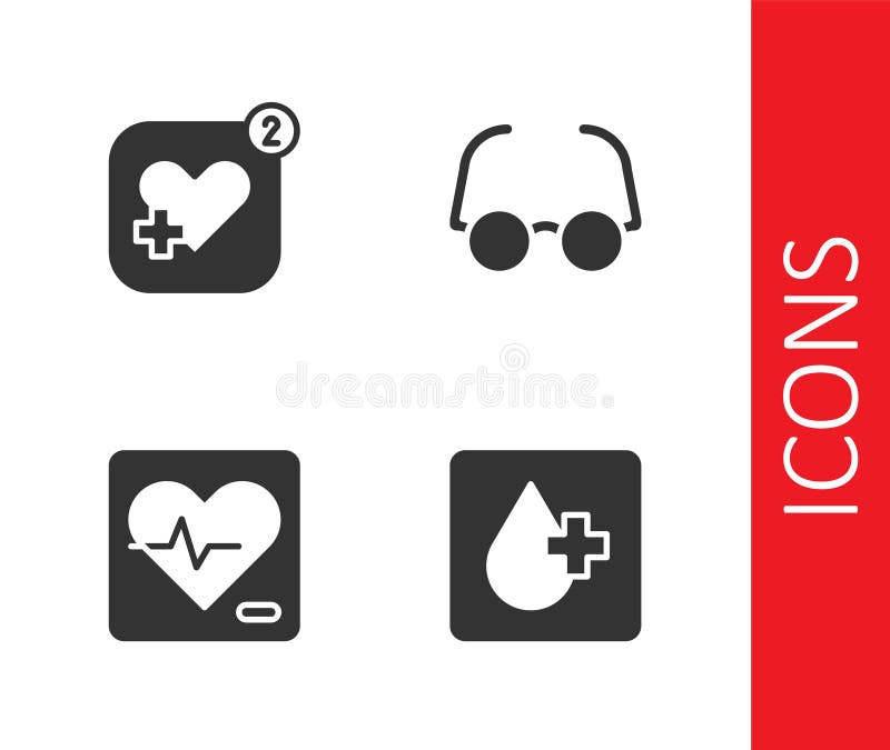 Set Blood Test, Mobile with Heart Rate, Heart and Glasses Icon. Vector ...