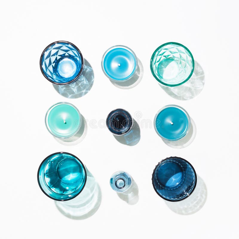 Set of 9 Blue Assorted Glasses Isolated on White Stock Photo - Image of ...
