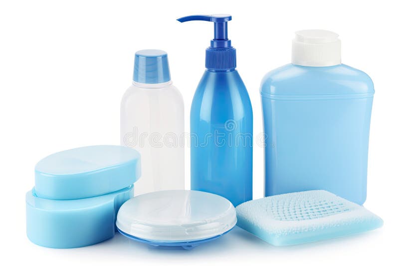 Set of Blue Bottles for Hygiene Isolated on White Background Stock ...