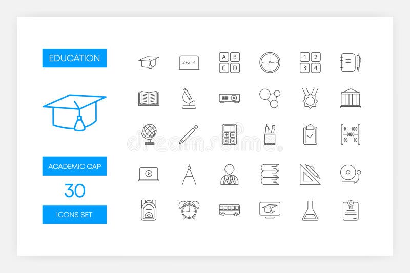 Set of Blue Color Line Icons of Education Isolated on White Background ...