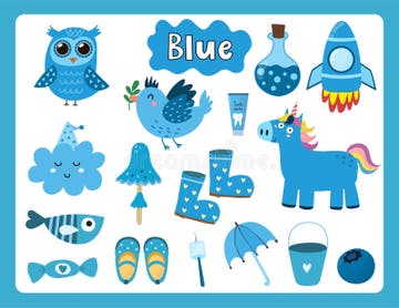 Set of Blue Color Objects. Primary Colors Flashcard with Blue Elements ...