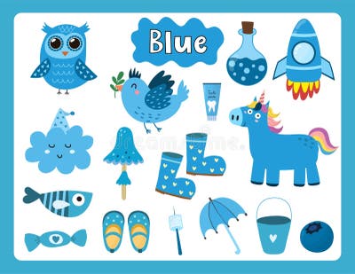 Set of Blue Color Objects. Primary Colors Flashcard with Blue Elements ...