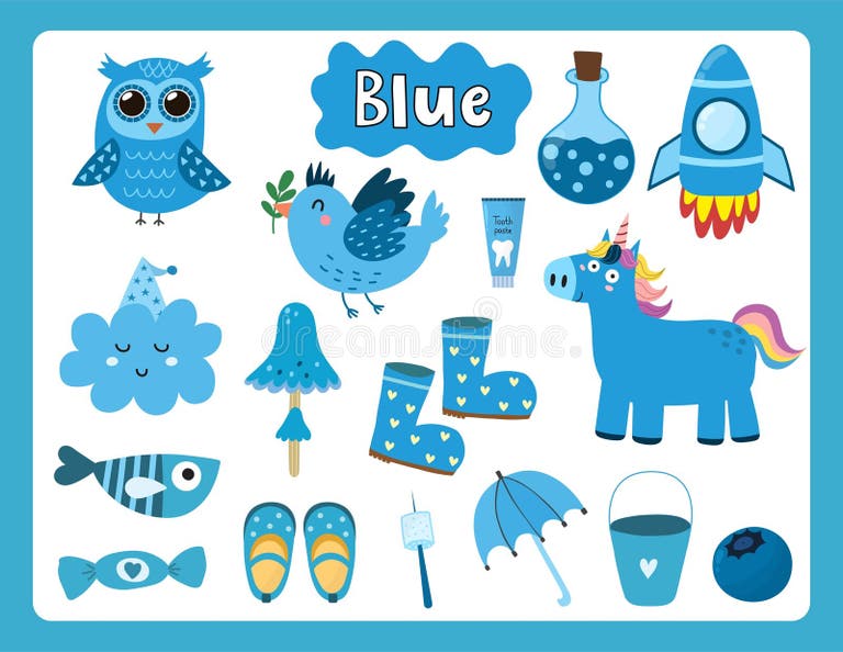 Set of Blue Color Objects. Primary Colors Flashcard with Blue Elements ...