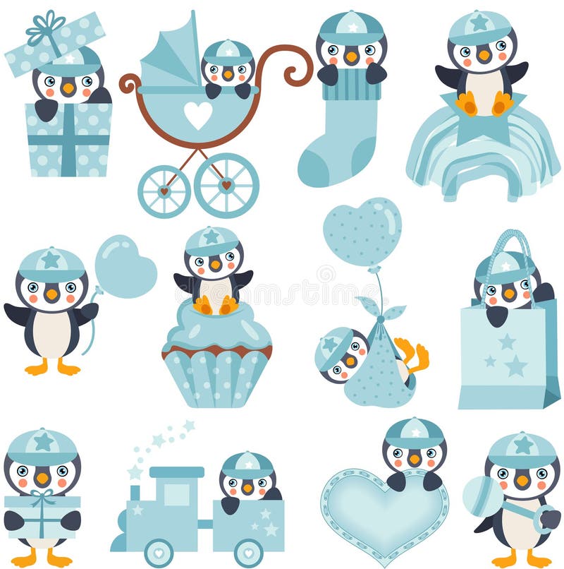 Set of Blue Digital Elements of Cute Baby Boy Penguin Stock Vector ...