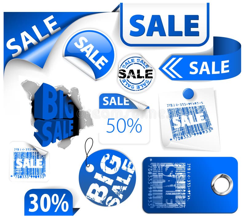Set of Blue Discount Elements Stock Illustration - Illustration of card ...