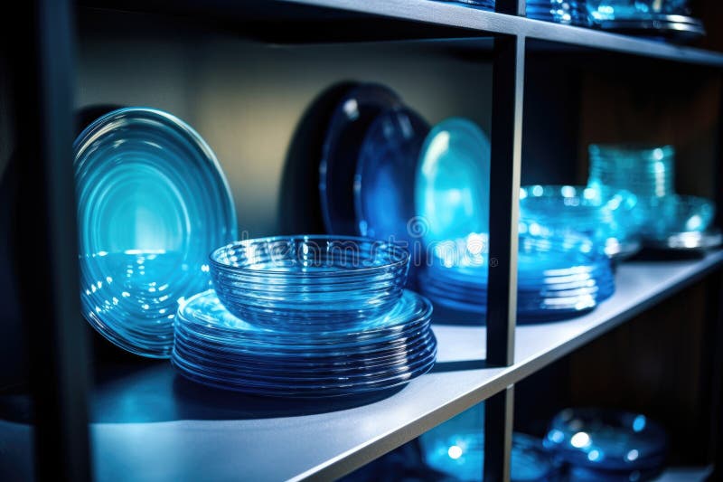A Set of Blue Glass Plates on Display in the Store Stock Illustration ...