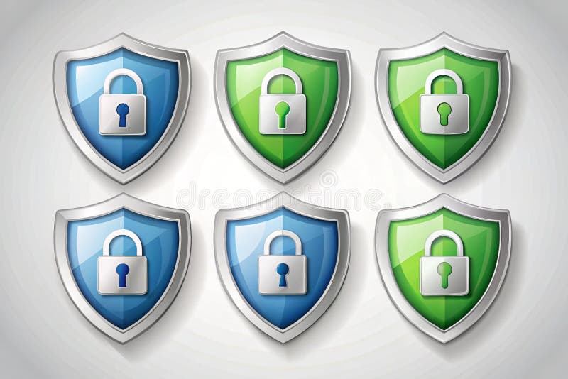 Set of Blue and Green Security Shields with Lock Icons Representing ...