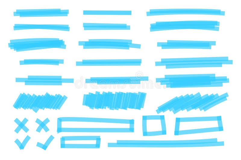 Set of Blue Highlight Marker Lines, Frames, Cross and Checkmark Signs ...