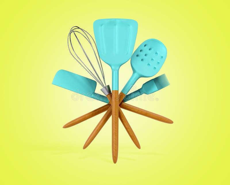 Set Blue of Kitchen Tools 3d Render on Yellow Stock Illustration ...