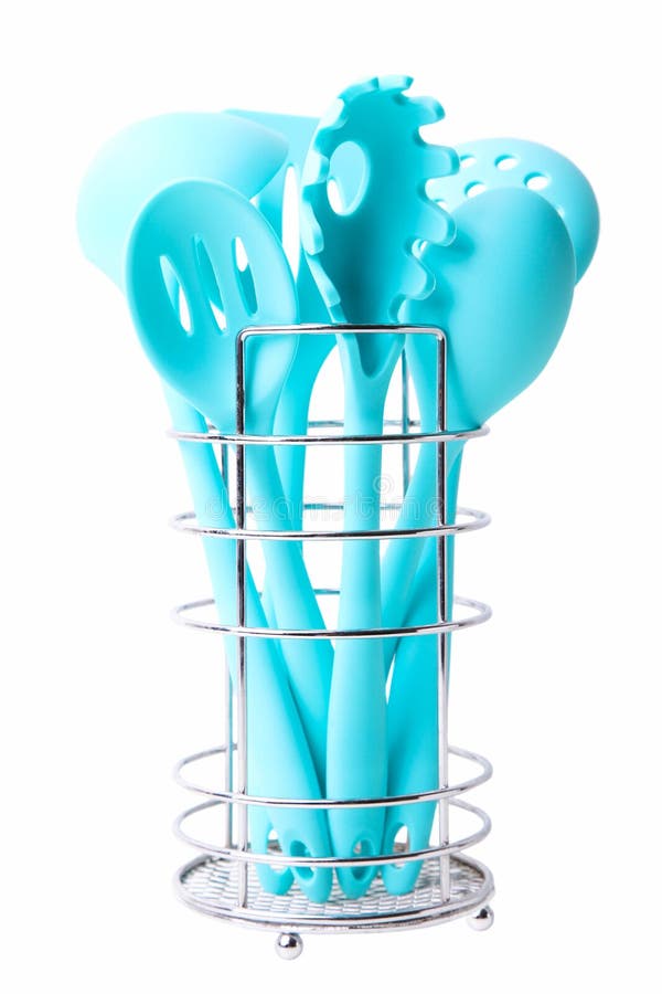 Set of Blue Kitchen Utensils in a Stand Stock Image - Image of kitchen ...