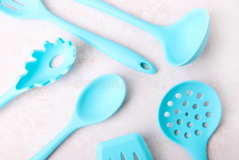 Set of Blue Kitchen Utensils Stock Image - Image of kitchen, white ...