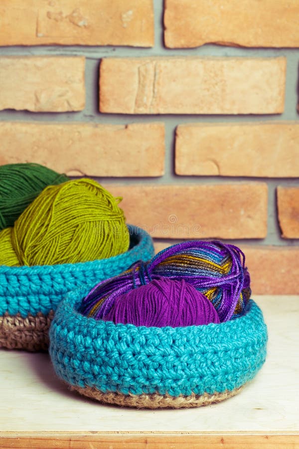 Set of Blue Knitted Baskets Stock Image - Image of colorful, table ...