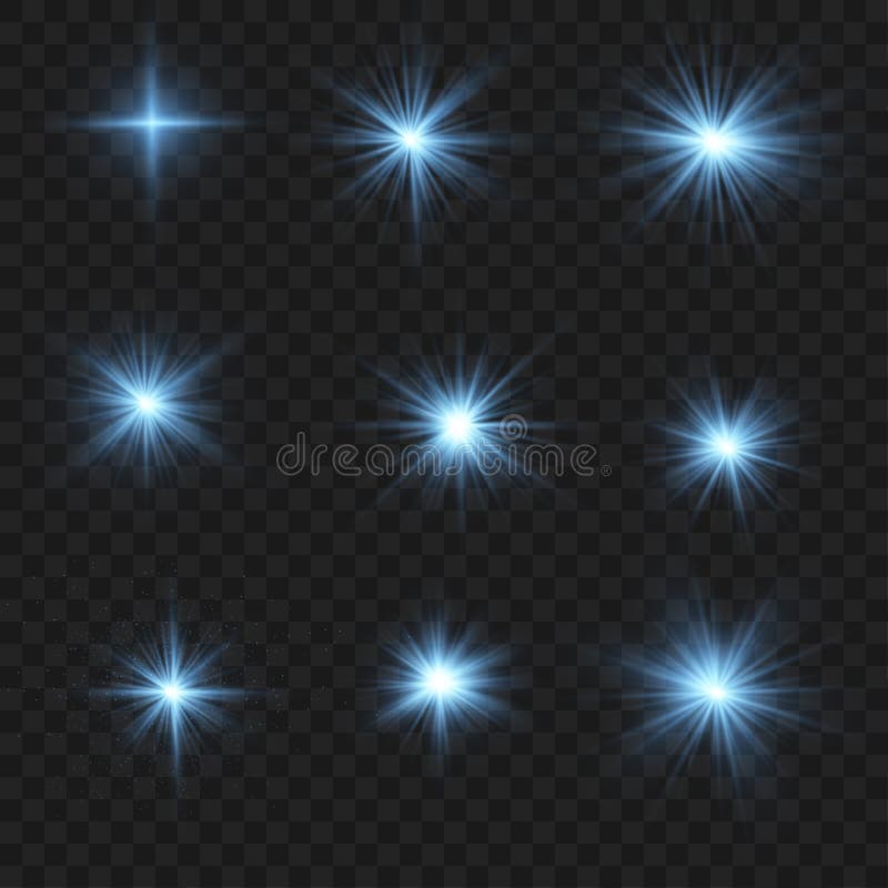 Set of Blue Light Starbursts on a Dark Transparent Background. Vector ...