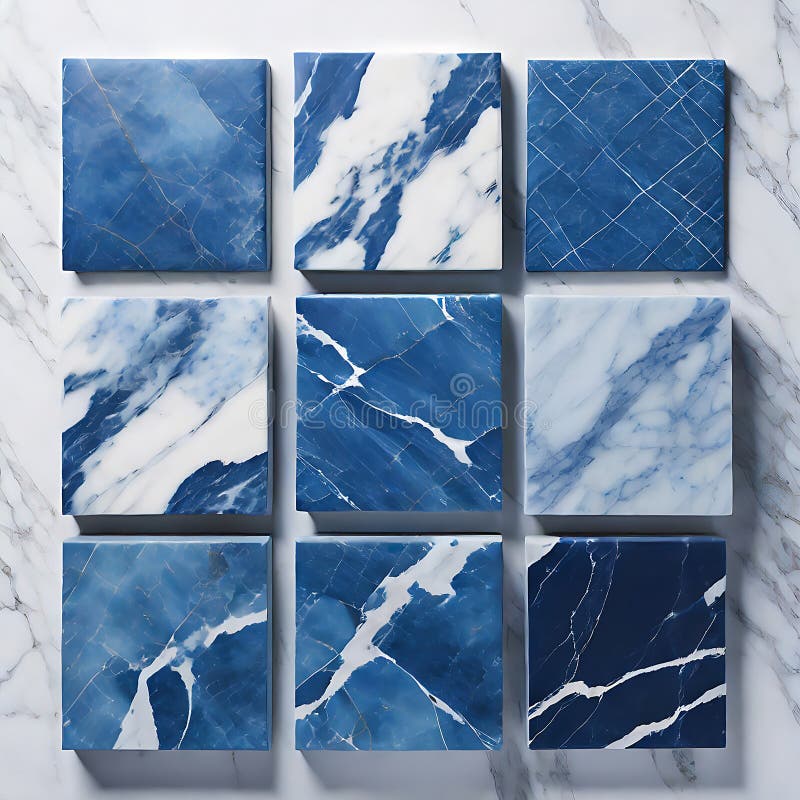 Set of Blue Marble Tiles with Natural Pattern. 3d Render Stock ...