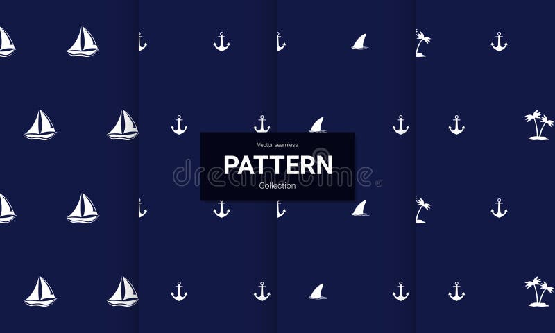 Set of Blue Nautical Seamless Patterns on White Background. Vector ...
