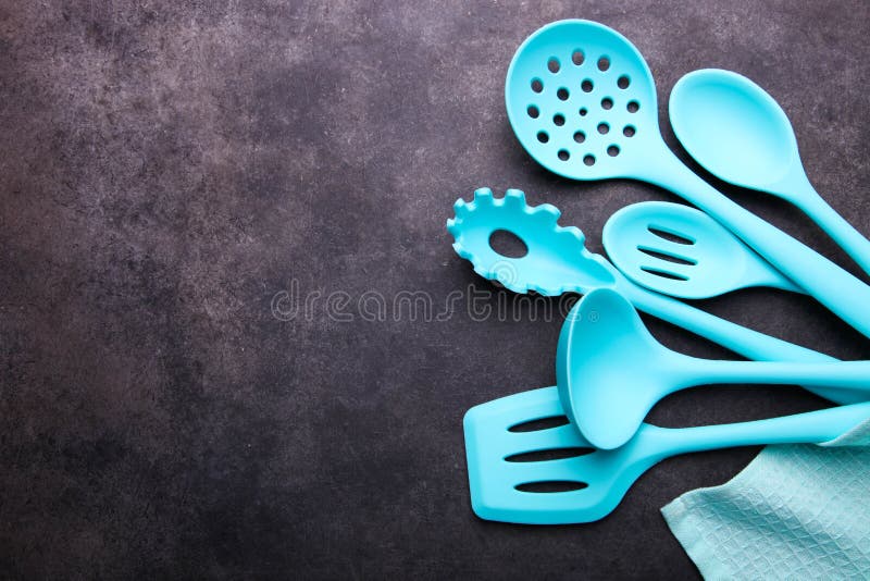 Set of Blue Nylon Kitchen Utensils and Cutting Board Stock Image ...