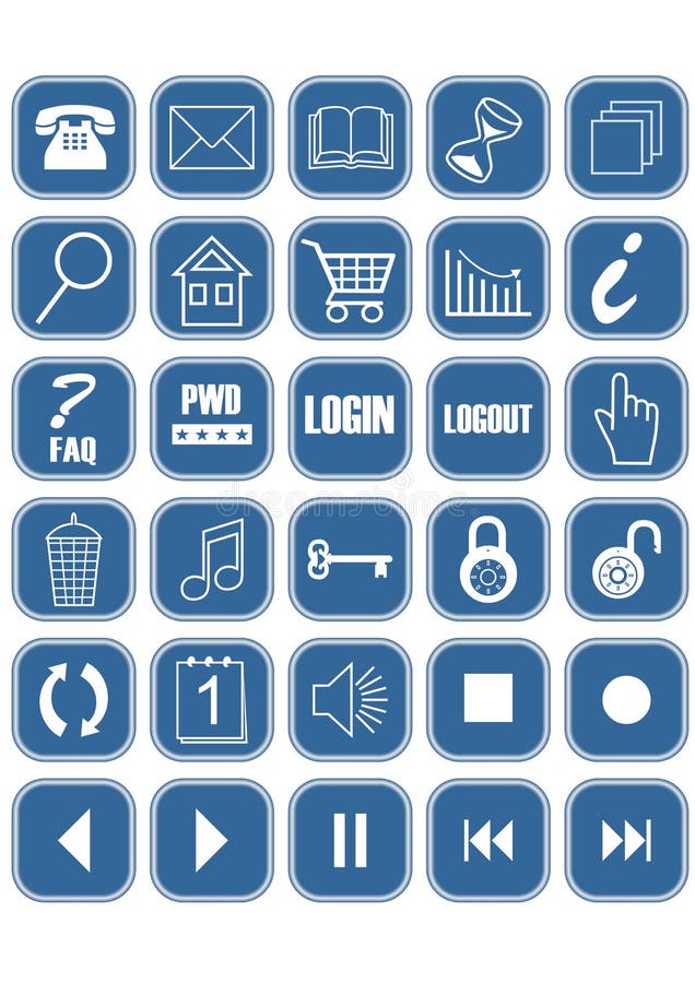Set of Blue Office and Web Icons with White Pictograms and Silver ...