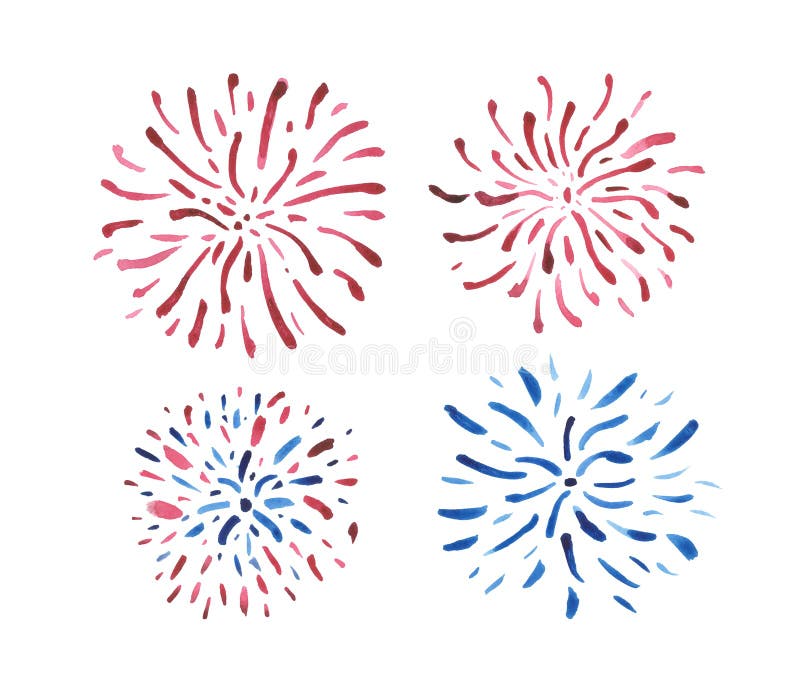 Set of Blue and Red Fireworks Isolated on White Background, Painted in ...