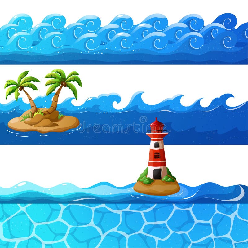 Set of Blue Sea Waves Border, Lighthouse and Island Vector Stock Vector ...