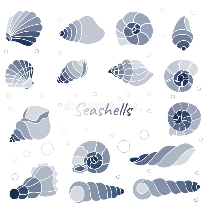 Set of Blue Seashells for Design. Cartoon Sea and Ocean Shells Stock ...