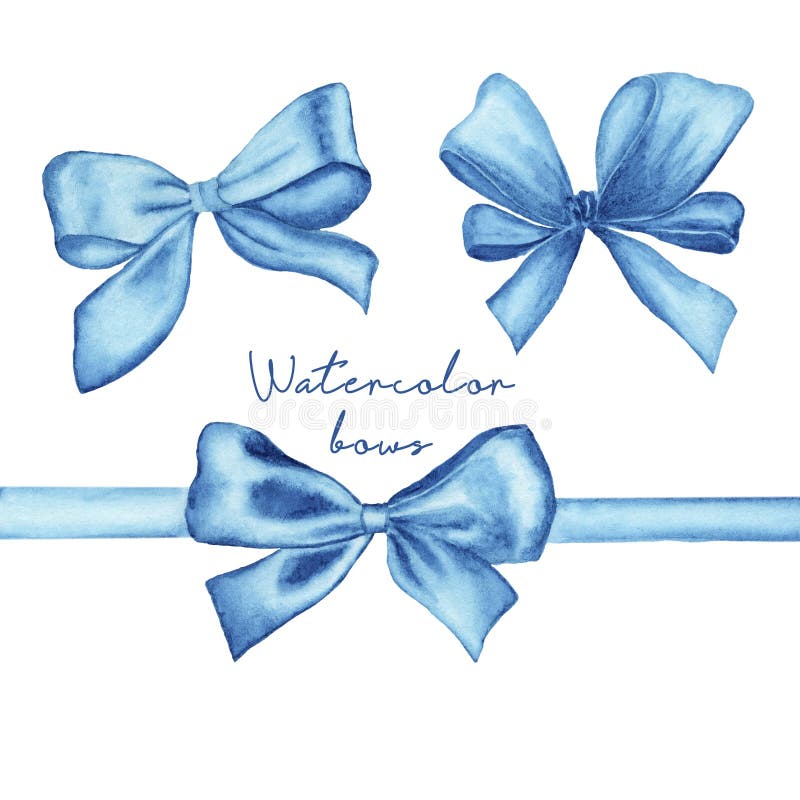 Set of Blue Watercolor Gift Bows for Design, Blue Silk Bows Isolated on ...