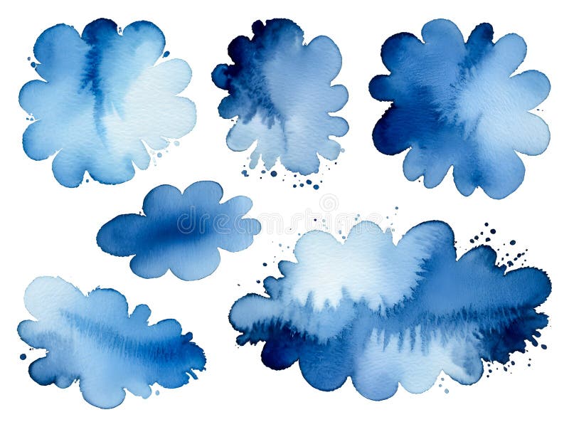 Set of Blue Watercolor Hand Painted Clouds Isolated on White Background ...
