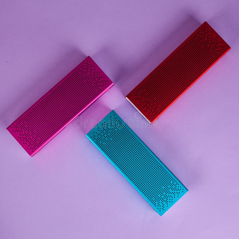 Set of Bluetooth Speakers Different Colors on Colorful Background Stock ...