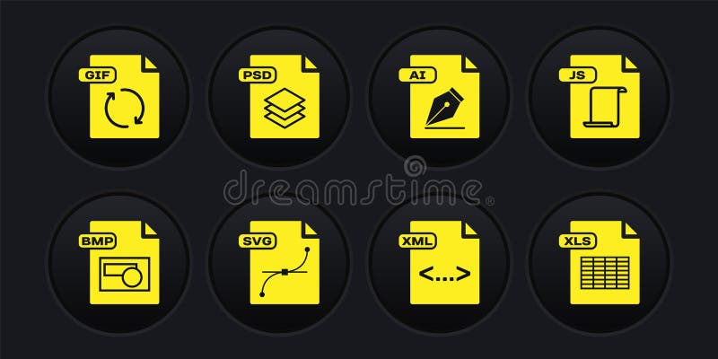 Set BMP File Document, JS, SVG, XML, AI, PSD, XLS and GIF Icon. Vector ... Set BMP File Document, JS, SVG, XML, AI, PSD, XLS and GIF Icon. Vector ...