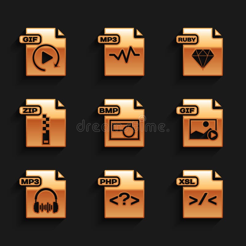 Set BMP File Document, PHP, XSL, GIF, MP3, ZIP, RUBY and Icon. Vector ... Set BMP File Document, PHP, XSL, GIF, MP3, ZIP, RUBY and Icon. Vector ...