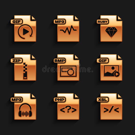 Set BMP File Document, PHP, XSL, GIF, MP3, ZIP, RUBY and Icon. Vector ...