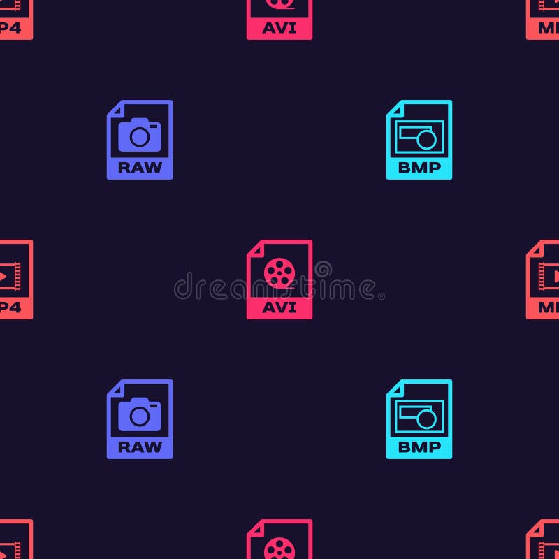 Set BMP File Document, RAW, AVI and MP4 on Seamless Pattern. Vector ...