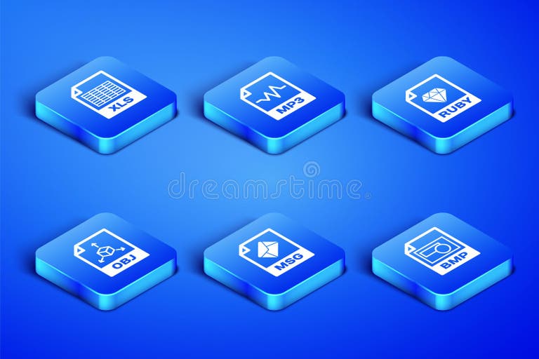 Set BMP File Document, XLS, MSG, OBJ, MP3 and RUBY Icon. Vector Stock ...