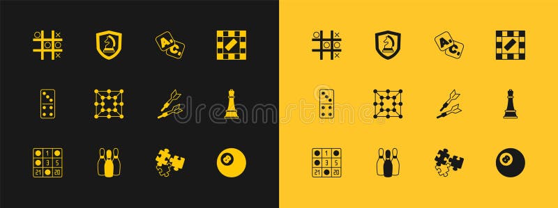Set Board Game Bowling Pin Dart Arrow Puzzle Pieces Toy Bingo Tic Tac Toe And Chess Icon