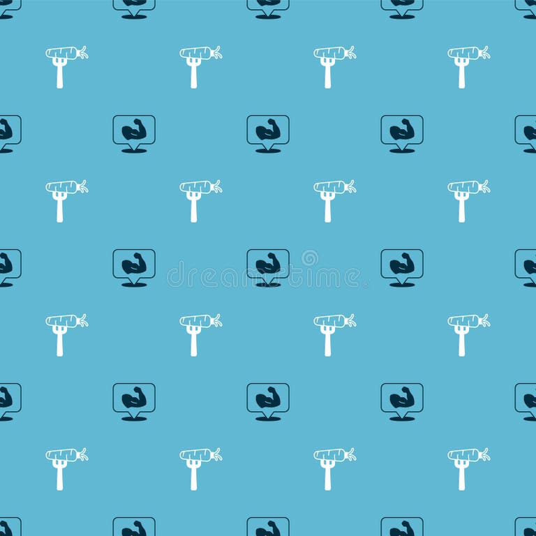 Set Bodybuilder Muscle and Carrot on Fork on Seamless Pattern. Vector ...