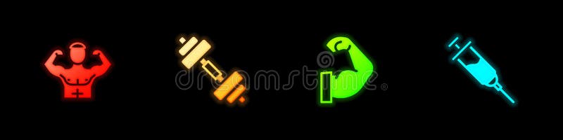 Set Bodybuilder Muscle, Dumbbell, and Doping Syringe Icon. Vector Stock ...