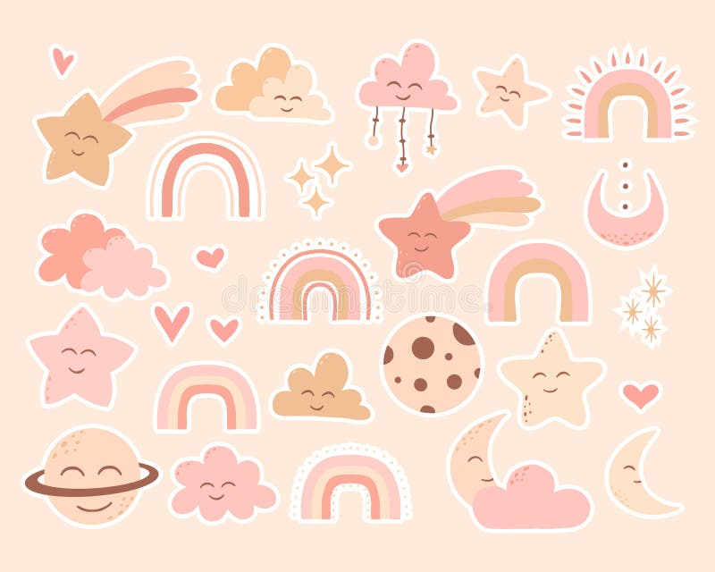 Set of Boho Stickers. Cute Stickers with Moon, Stars and Clouds ...