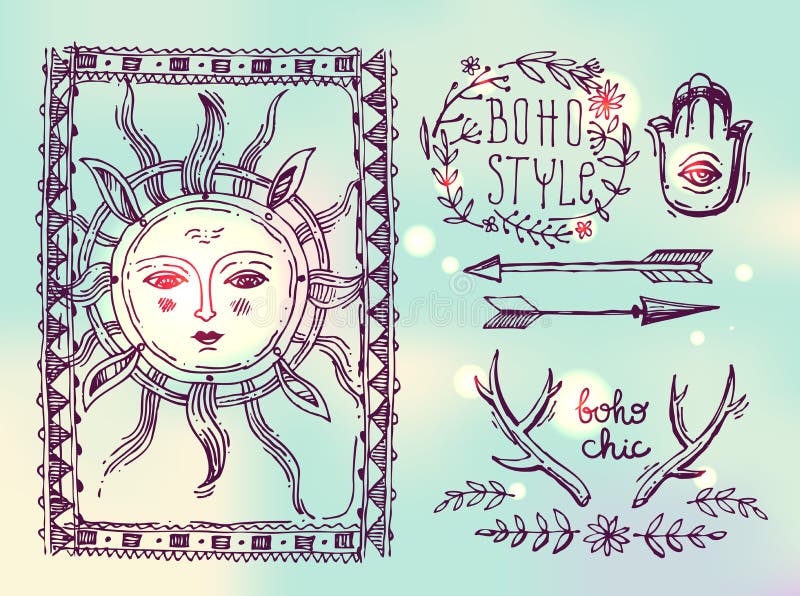 Set of Boho Style Hand Drawn Elements. Stock Vector - Illustration of ...
