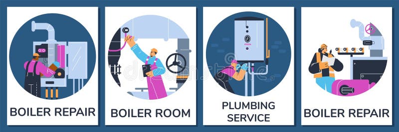 Set of Boiler Room and Plumbing Service. Stock Vector - Illustration of ...