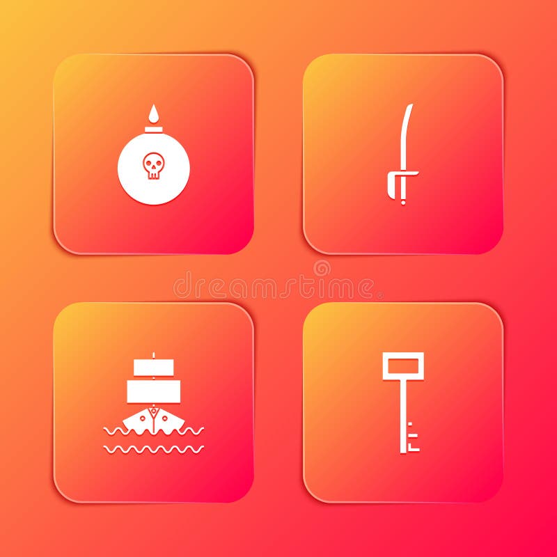 Set Bomb Ready To Explode, Pirate Sword, Ship and Key Icon. Vector ...